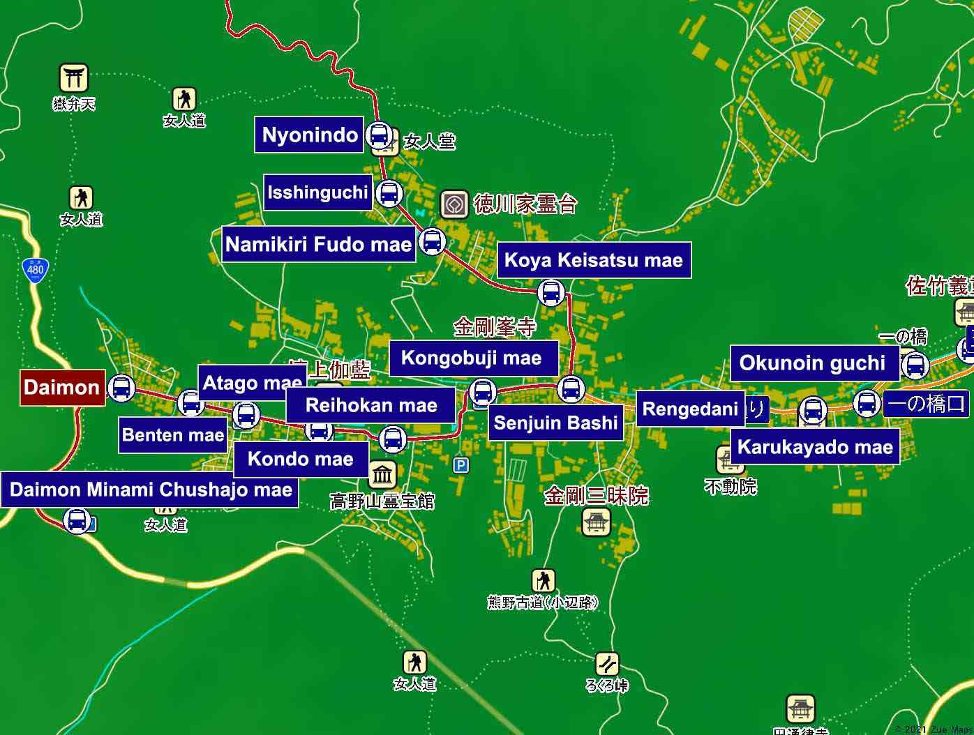 Bus Route Maps Of Koyasan And Places To See Around Each Bus Stop